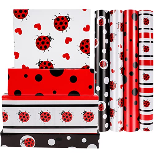 Konsait Ladybug Wrapping Paper Large Sheet Flat Gift Wrapping Paper For Men Women Boys and Girls Wrapping Paper Birthday 4 Different Designs 27.6 x 20.5 Inch - 12 sheets
