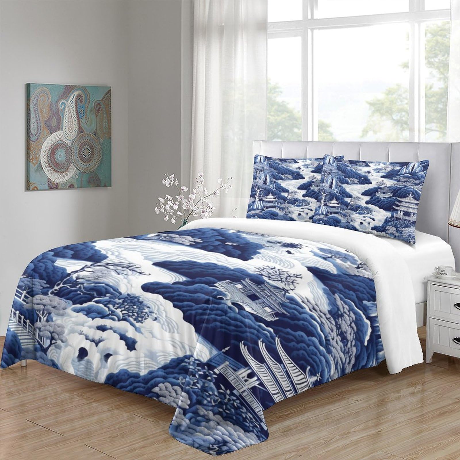 HOUKIG Chinoiserie Blue Bedding Set 3D Printed Comforter Covers Duvet Cover Quilt Cover with Pillowcases 3 Pieces Microfiber for Childrens and Adults with Zipper Closure Queen(228x228cm)