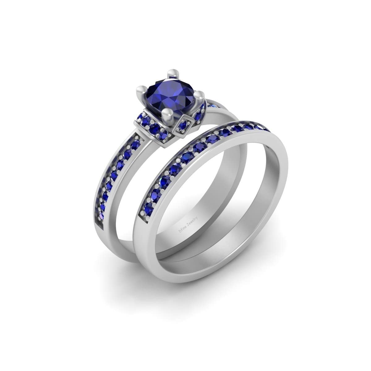 Classic Round Blue Sapphire 14K White Gold Plated Sterling Silver Engagement Wedding Ring Bridal Set for Women