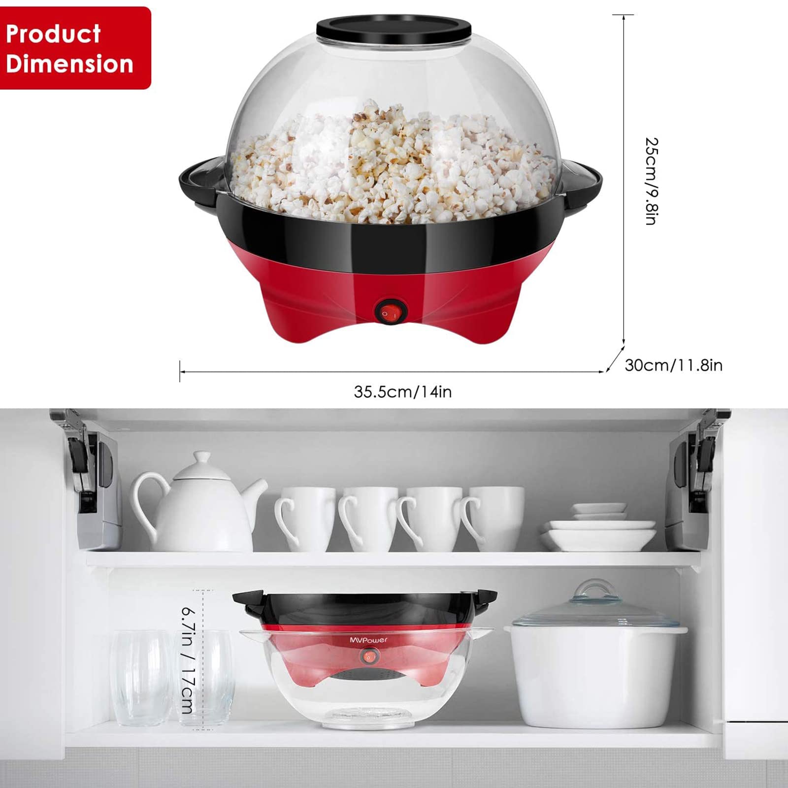 Electric Hot Oil Stirring Popcorn Maker,800W Popcorn Popper Machine with Measuring Cups and Large Lid, 6 Quart, Red, 34*29*13cm, RH-906