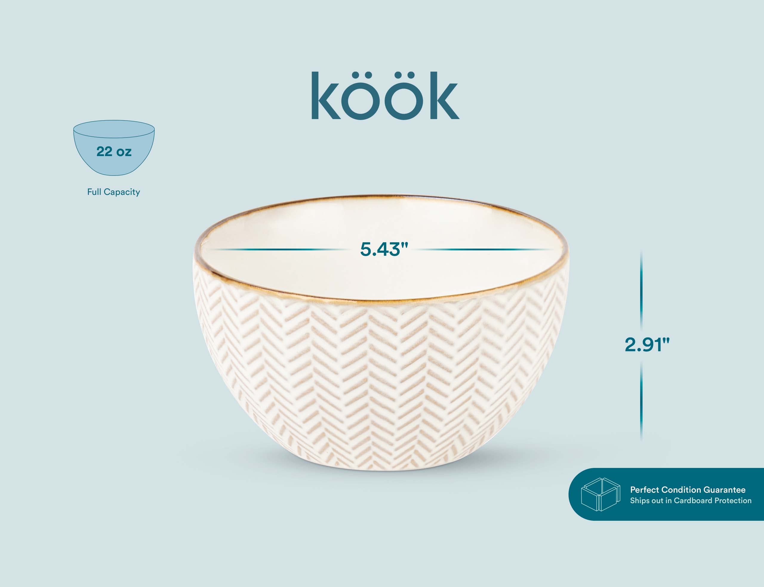 KooK Ceramic Cereal Bowls, Embossed, for Yogurt, Dessert and Poke, Microwave & Dishwasher Safe, Cream with Dark Copper Accents, Set of 4, 22 oz, Narbonne Collection