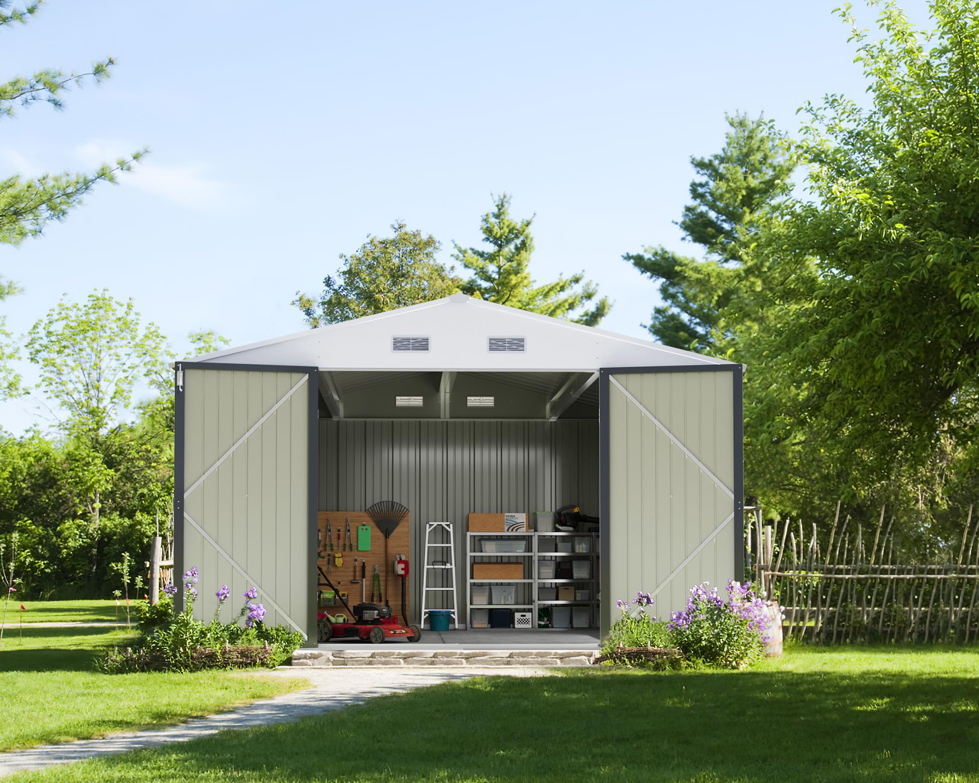 Greesum Outdoor Storage Shed 10 x 10 ft. Utility Tool Shed Metal Storage Garden Shed with Door & Lock for Patio Storage, Gray