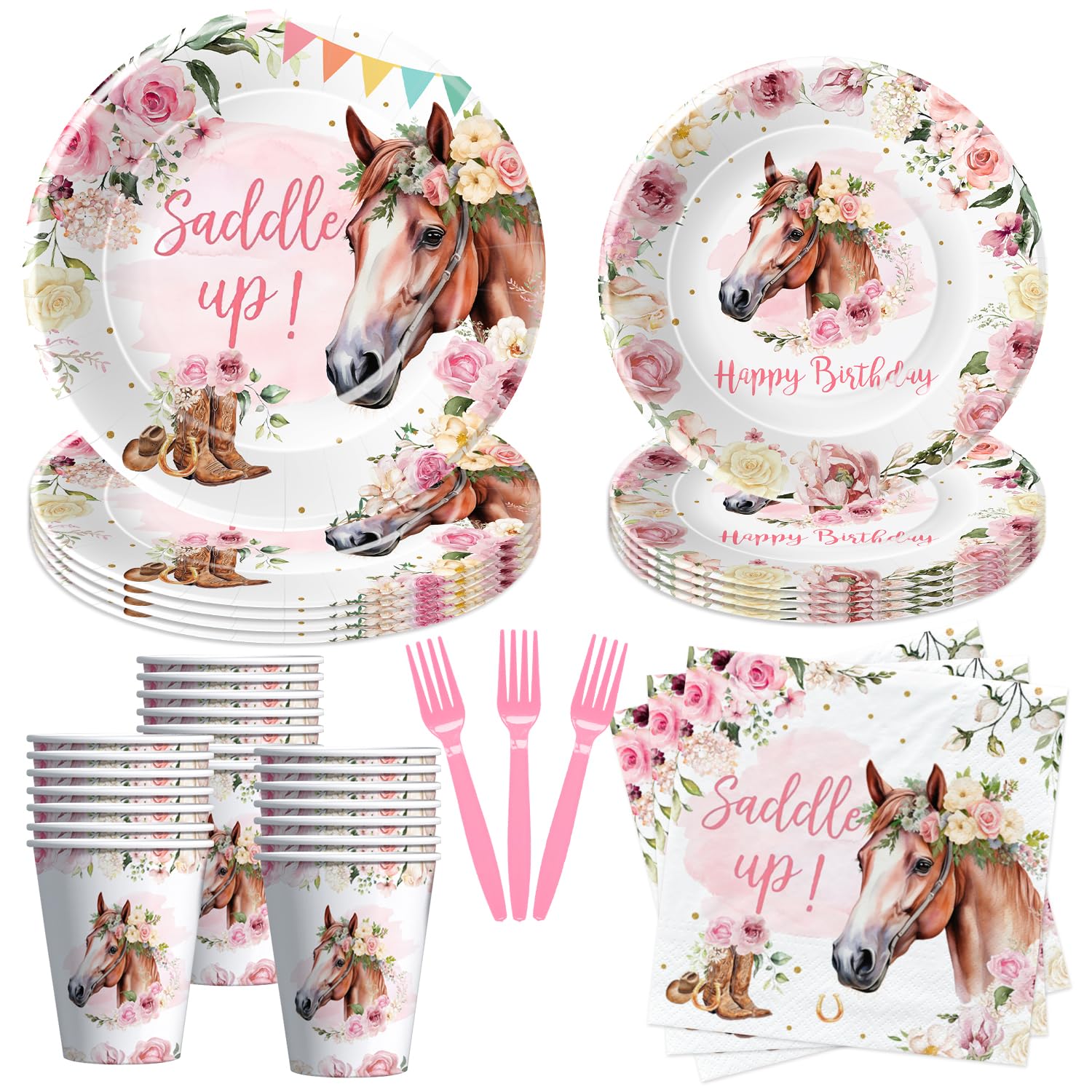 HIPVVILD Cowgirl Horse Party Decorations Tableware - Saddle Up Western Birthday Party Supplies, Paper Plate, Cup, Napkin, Fork, Wild West Cowgirl Birthday Baby Shower Decorations Dinnerware | Serve 24