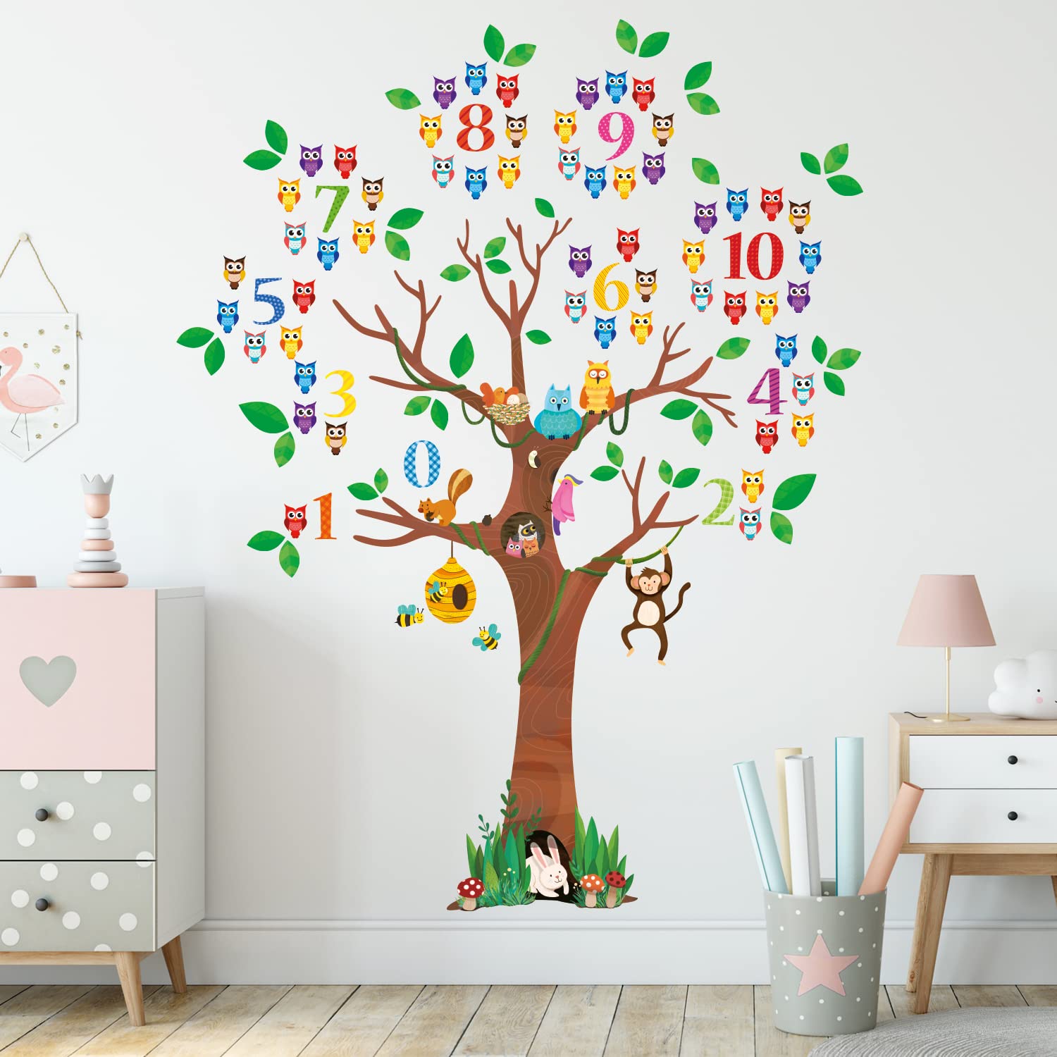 DECOWALL BS-113 Number Tree Alphabet Wall Stickers Kids Decals Nursery Bedroom Peel and Stick Removable Animal Living ABC Classroom
