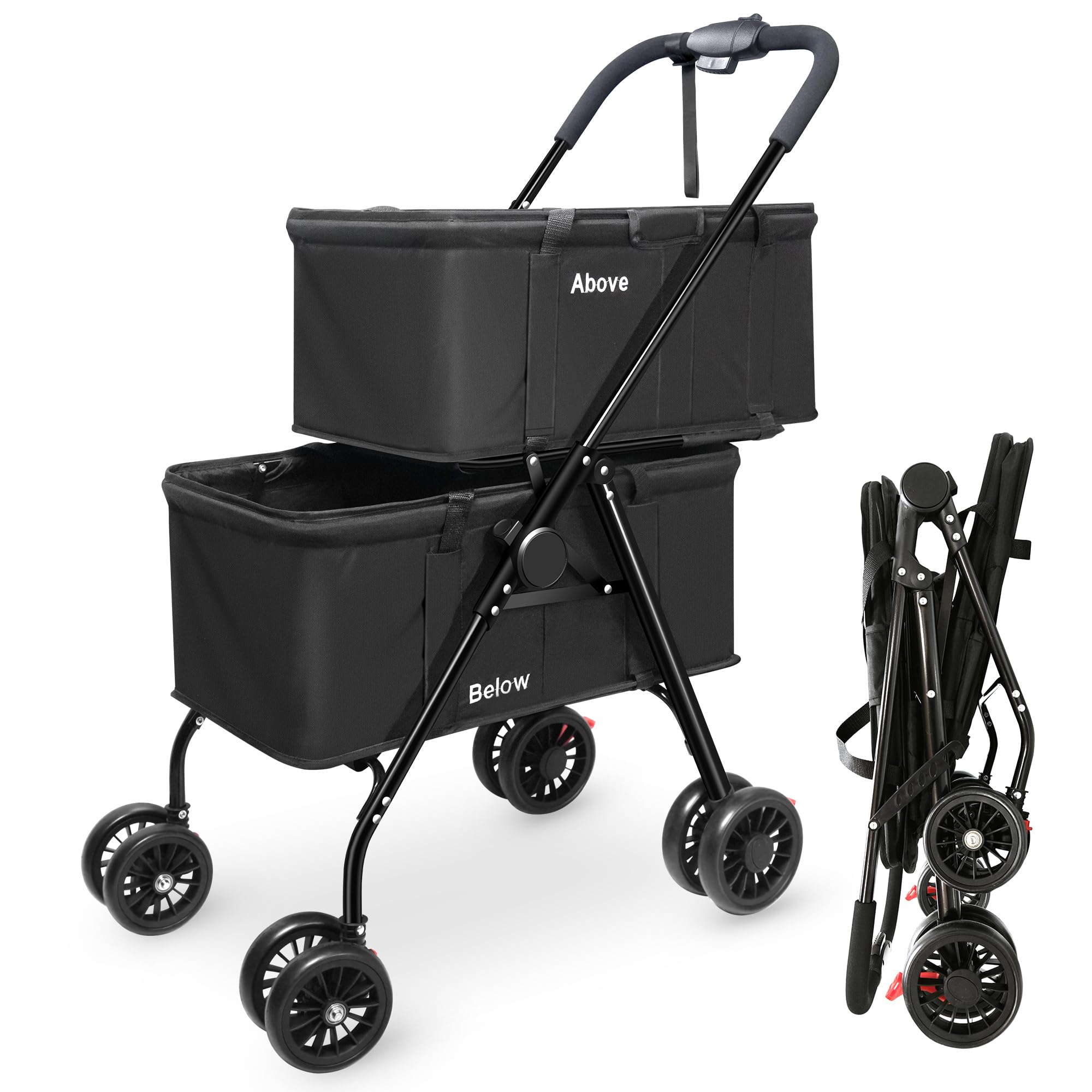 Ferrikit 2-Tier Grocery Shopping Cart Foldable Double Canvas Baskets Collapsible Folding Hand Truck Heavy Duty Trolley Sturdy Lightweight Funcitonal Multi Use Moving Shopping Storage Cart 360 Rotation