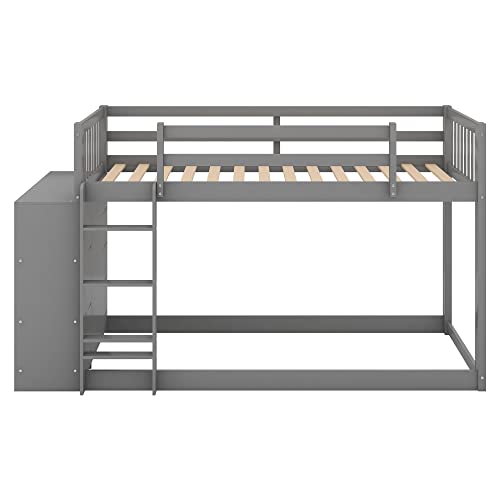 P PURLOVE Twin Over Twin Bunk Bed with Attached Cabinet and Shelves Storage, Wooden Bunk Bed Frame with Ladder and Guardrail, for Teens Girls Boys, Gray