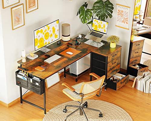 ODK 55 inch L Shaped Computer Desk with USB Charging Port & Power Outlet, L-Shaped Corner Desk with 4 Tier Drawer & Monitor Shelf for Home Office Workstation, Modern Style Writing Table, Vintage