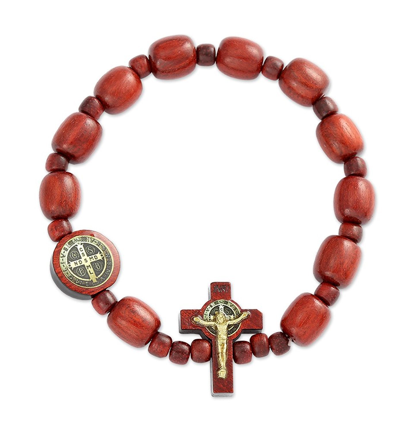 Catholica Shop Catholic Religious Wear Elasticated Saint Benedict Medal Bracelet with Crucifix Cross Wooden Beads Decade Rosary Stretchable Bracelet Catholic Bracelets for Men and Women