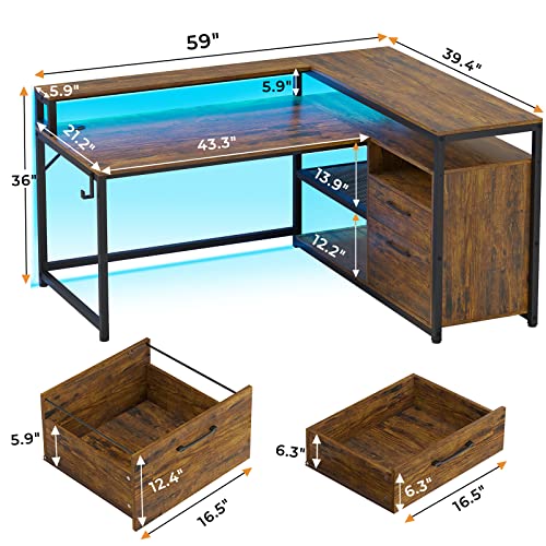 SEDETA L Shaped Computer Desk, 59'' Corner Office Desk, Office Desk with Drawers, Legal/Letter/A4 File Drawers, Headphone Hook and Monitor Shelf, Home Office Desks for Printer, Rustic Brown