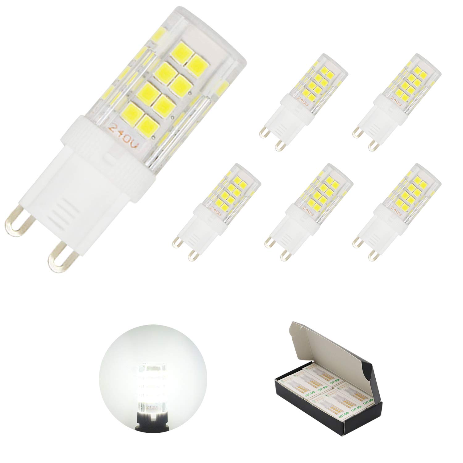 CliCli 6-Pack G9 LED Light Bulb 4.5W (45W G9 Halogen Equivalent), 100-240V 450LM G9 Daylight White 6000K LED Lamp, Non-dimmable G9 Bi-pin Ceramic Base, for Under Counter Chandelier Ceiling Lighting