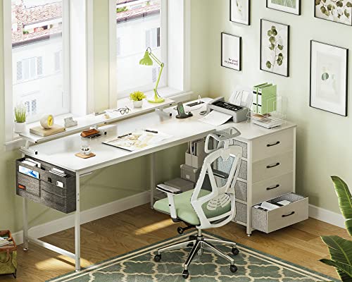 ODK 63 inch L Shaped Computer Desk with USB Charging Port & Power Outlet, L-Shaped Corner Desk with 4 Tier Drawer & Monitor Shelf for Home Office Workstation, Modern Style Writing Table, White
