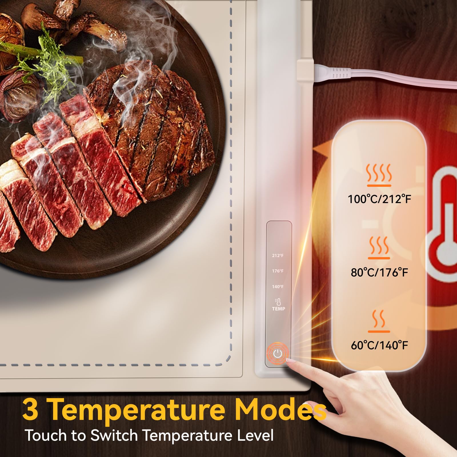 Electric Warming Tray for Food, Full Surface Heating Portable Food Warmer Mat 3 Temperature Settings, Foldable Silicone Heating Mat for Buffet, Gatherings, Parties, Beige