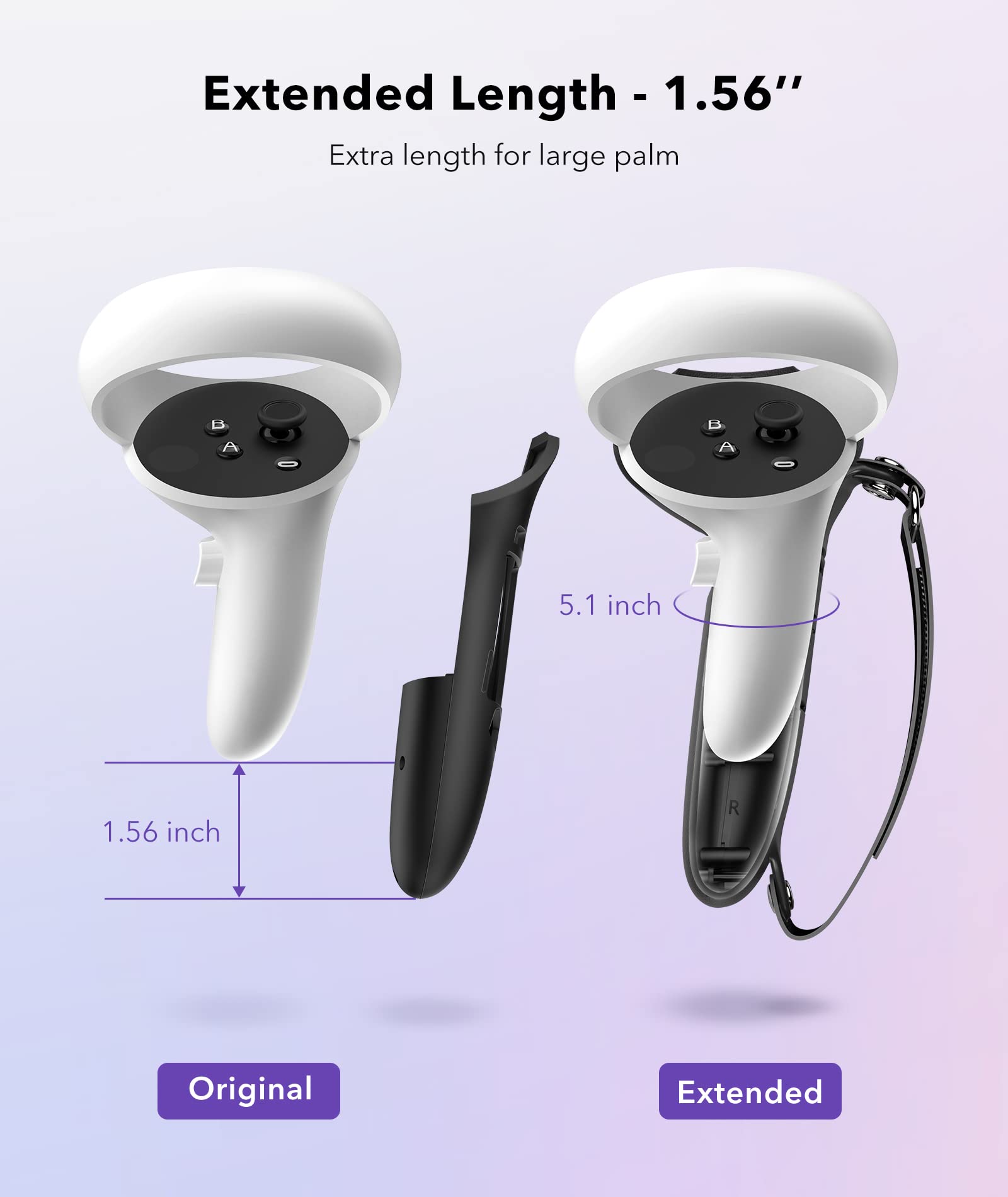 Extended 1.56" Controller Grips for Oculus Quest 2 VR Anti-Throw Grip Cover Suitable for Large Hands with Battery Opening & Adjustable Knuckle Straps Accessories for Meta Quest 2 (Black)