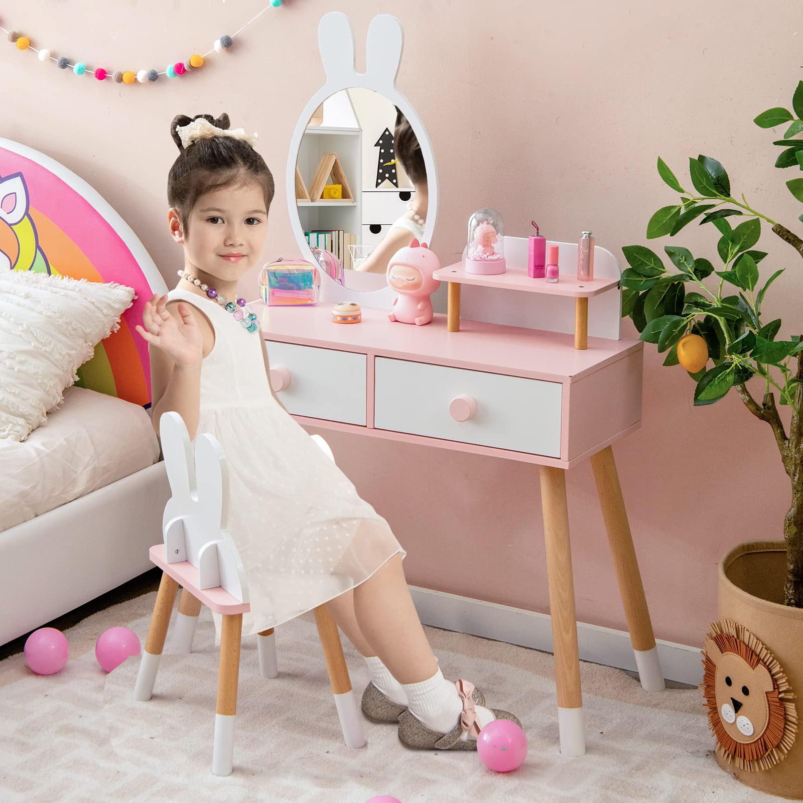 FIREFLOWERY Kids Vanity, Kids Vanity Table and Chair Set with Mirror & Storage Shelf, Princess Dressing Table, Toddler Makeup Vanity, Girls Vanity with 2 Large Drawers (White)