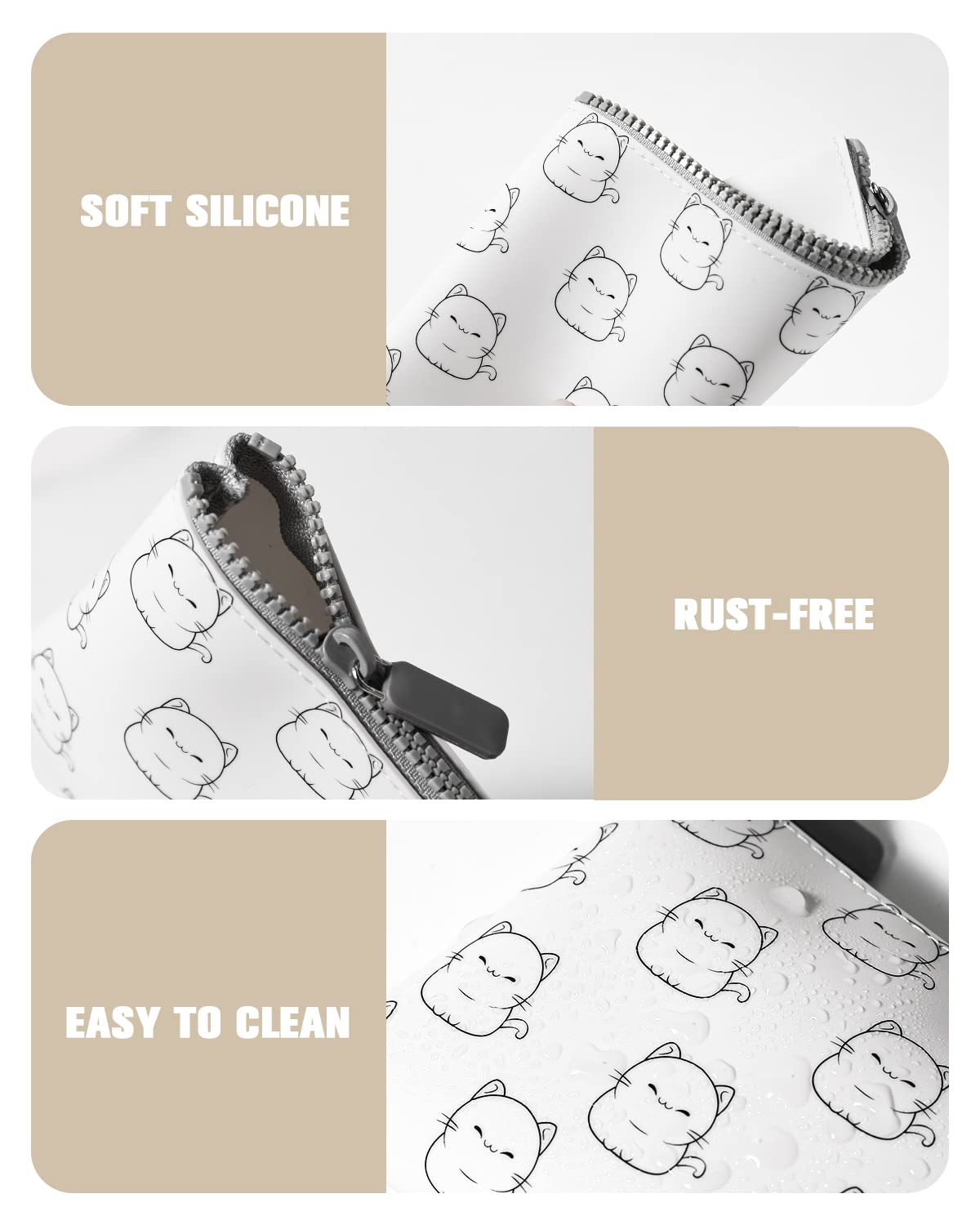 FERYES Cute Cat Silicone Makeup Bag for Travel, Cosmetics Bag for Makeup Brush & Essential Makeup Tools, Make Up Zipper Pouch Gifts for Women - White
