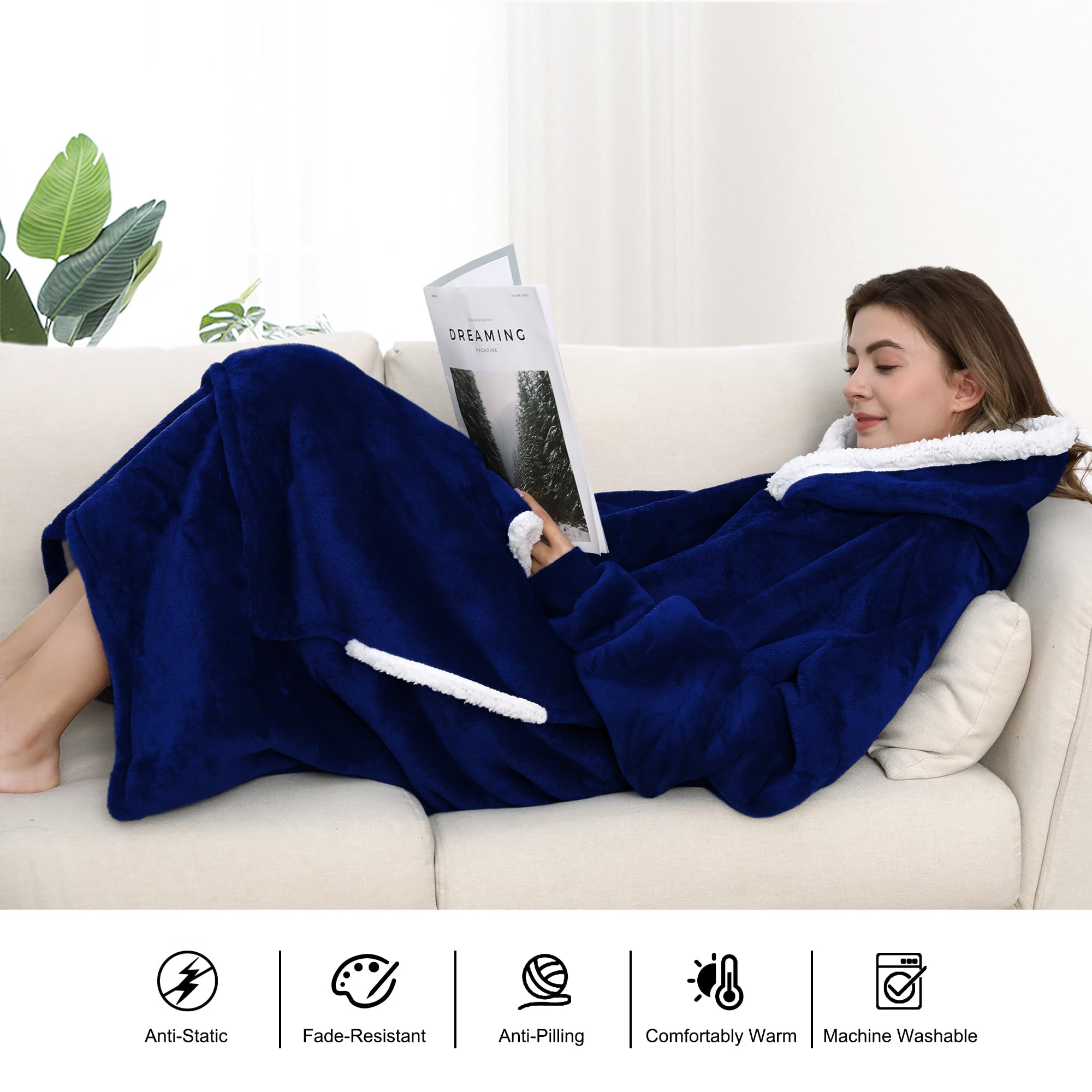 Convend Oversized Wearable Blanket Hoodie with Giant Pocket (Pet Favorites),Blanket Sweatshirt for Women and Men,Thick Flannel Blanket with Sleeves (Navy)