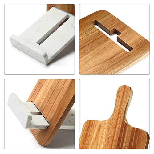 EVERBBKING Cookbook Stand,Acacia Wood Cutting Board Style Cookbook Holder for Kitchen Counter Adjustable iPad Tablet Recipe Book Stand with Marble Base