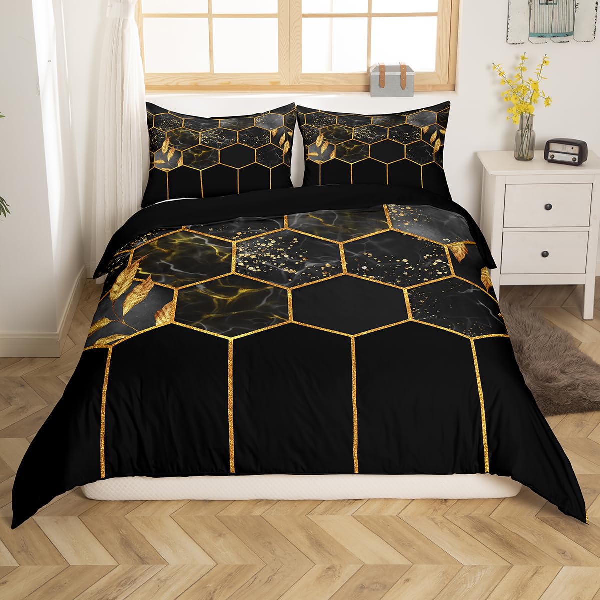 Marble Duvet Cover King, Black Grey Geometric Gold Plaid Bedding Set, Modern Luxury Diamond Comforter Cover with Metallic Stripe Printed Beehive Hexagon Grid Quilt Cover with Pillow Shams,Honeycomb