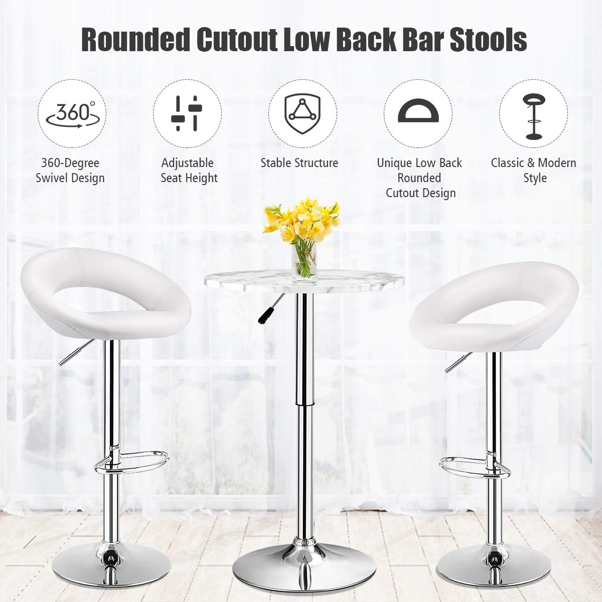 COSTWAY Bar Stools, Set of 4 Modern Swivel Adjustable Barstool, PU Leather Backless Stools, with Chrome Plated Footrest and Base, for Kitchen, Bistro, Pub, White