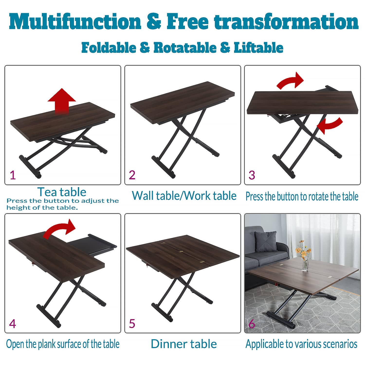 MYSELFLY Living Room Dinning Tables Folding Metal Lift Bracket Multifunction Transform Dinner Kitchen Coffee Tea End Table in Home Wood Desktop Design 40x35 Walnut