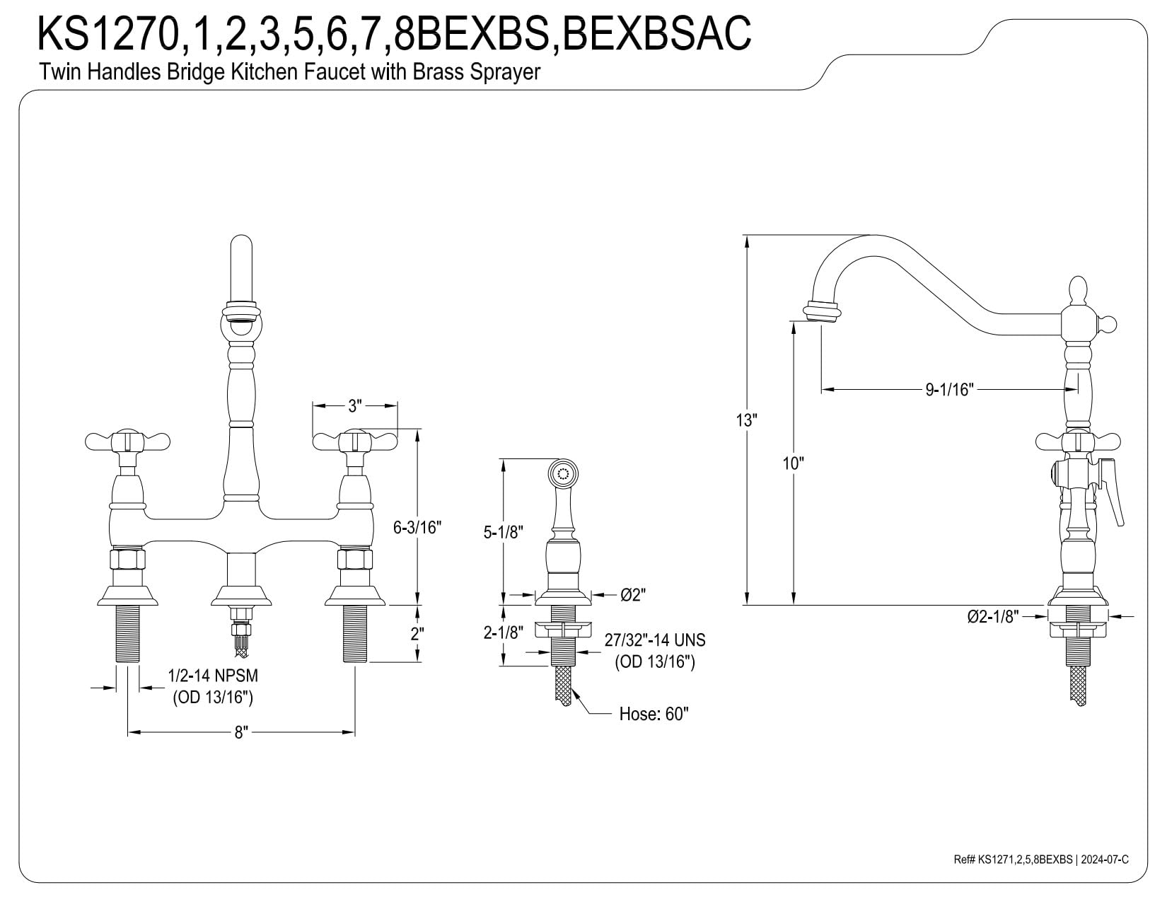 Kingston Brass KS1271BEXBS Essex Bridge Kitchen Faucet, 8-3/4" In Spout Reach, Polished Chrome