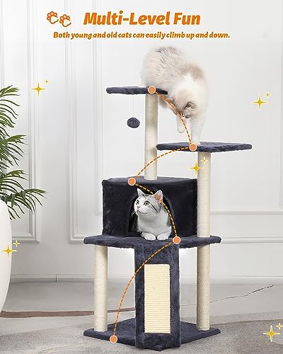 KSIIA Cat Tree for Indoor Cats 43 Inch Tall Cat Climbing Tower with Sisal-Covered Scratching Post & Board Modern Kittens Activity Condo House with Plush Perch, Grey
