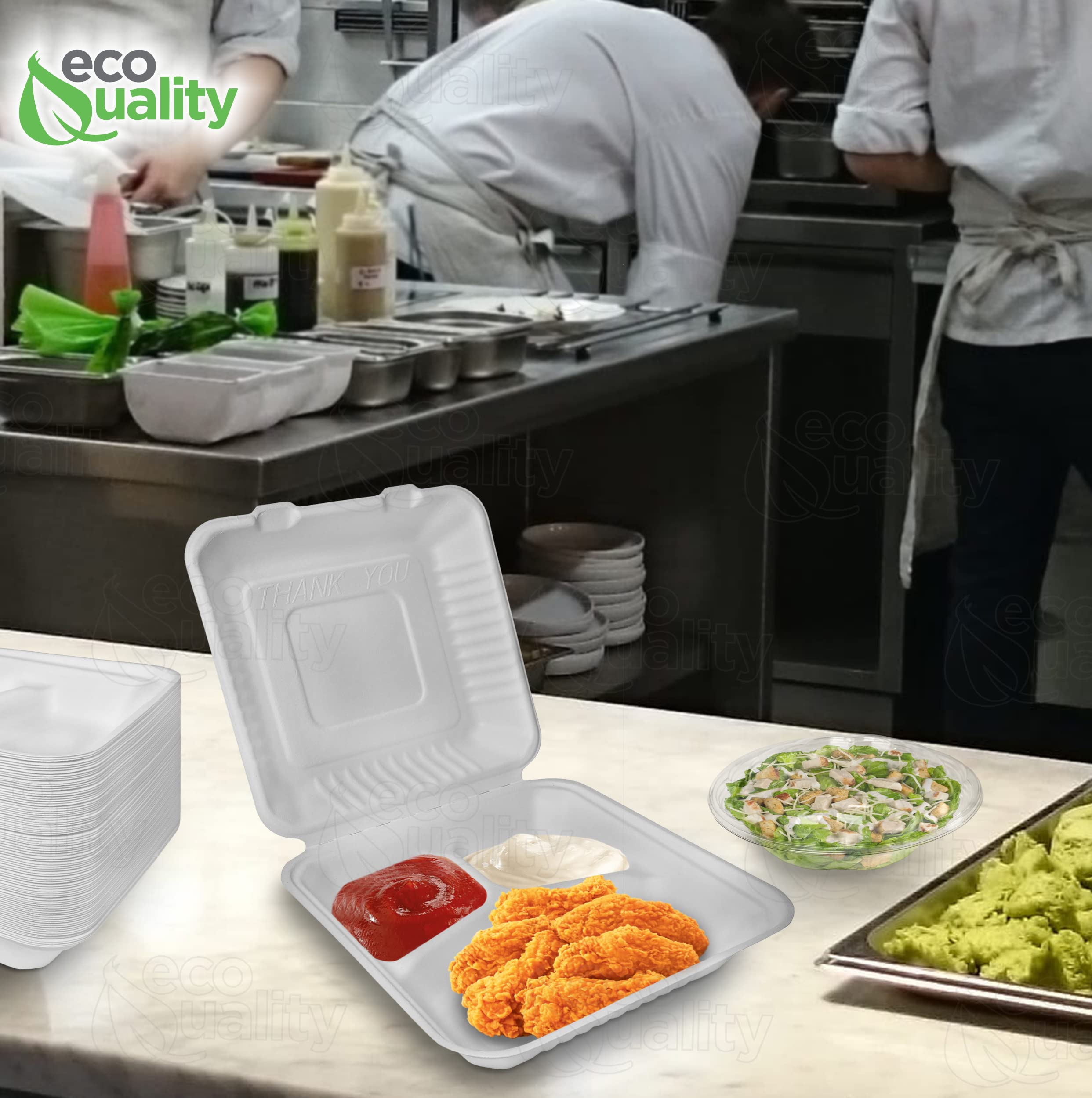 Compostable 3-Compartment Hinged Clamshell Take Out Food Containers 9x9x3,Heavy Duty Quality Square Disposable to go Containers, Eco-Friendly Takeout Box, Restaurants, Food Trucks (25)