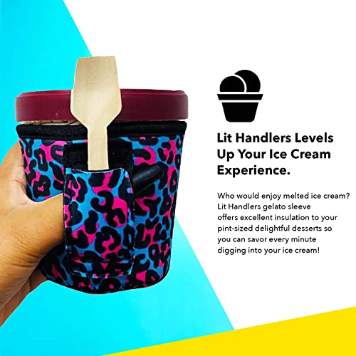 Lit Handlers Ice Cream Cooler Sleeve - Neoprene Pint Holder with Handle and Pocket - Tear Resistant Cooler - Machine Washable & Leak Proof Cup Cover for Frozen Desserts(Cowhide w/Turquoise Leather)