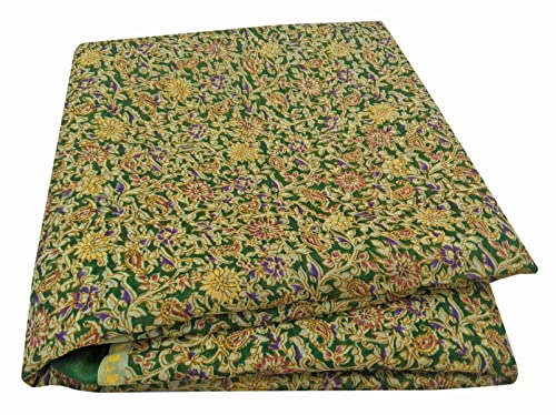 Peegli Vintage Green Textile Fabric Floral Printed DIY Craft Fabric Polyester Recycled Sari