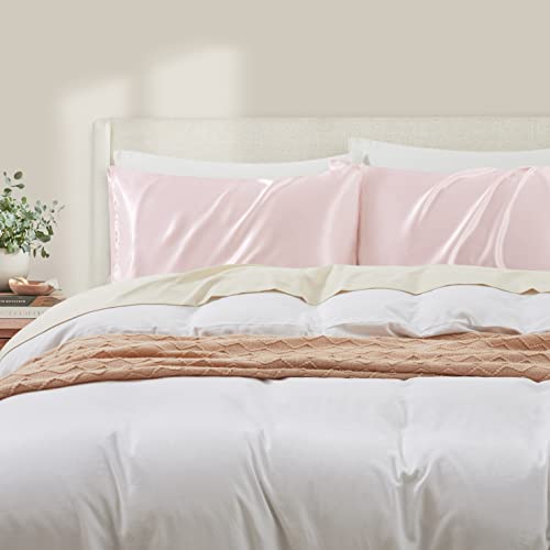 HommxJF Blush Pink Satin Pillowcase Standard Set of 2 with Envelope Closure,Blush Pink Silk Pillowcase for Hair and Skin (20x26)