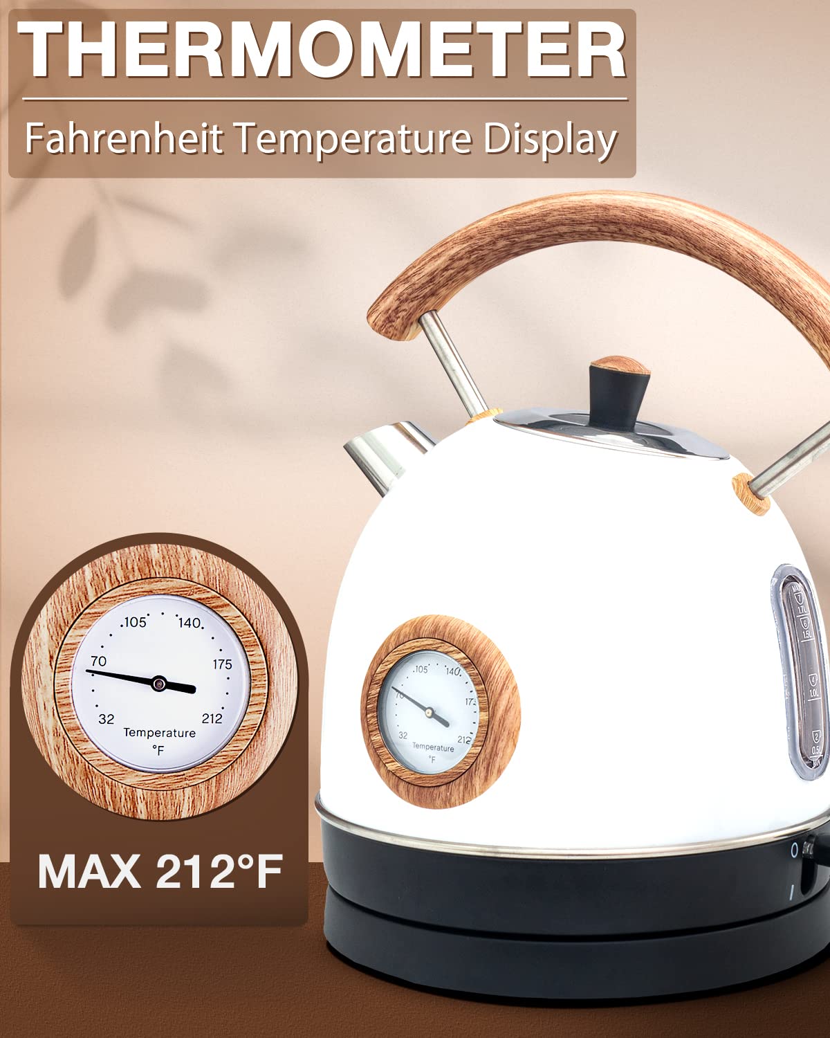 Electric Tea Kettle, Hot Water Boiler with Thermometer 1.7 Liter Stainless Steel Teapot, BPA Free, 1500W, SMOLON Wood Pattern Handle Pour-Over Electric Kettle with LED Indicator Auto Shut-Off, White