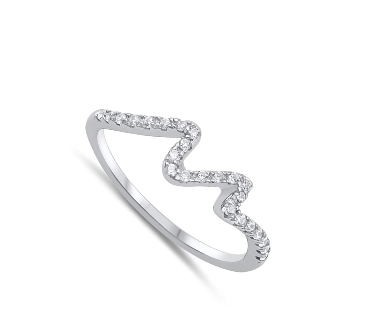 Clear CZ Cursive Wave Zig Zag Dainty Ring .925 Sterling Silver Band Size 8