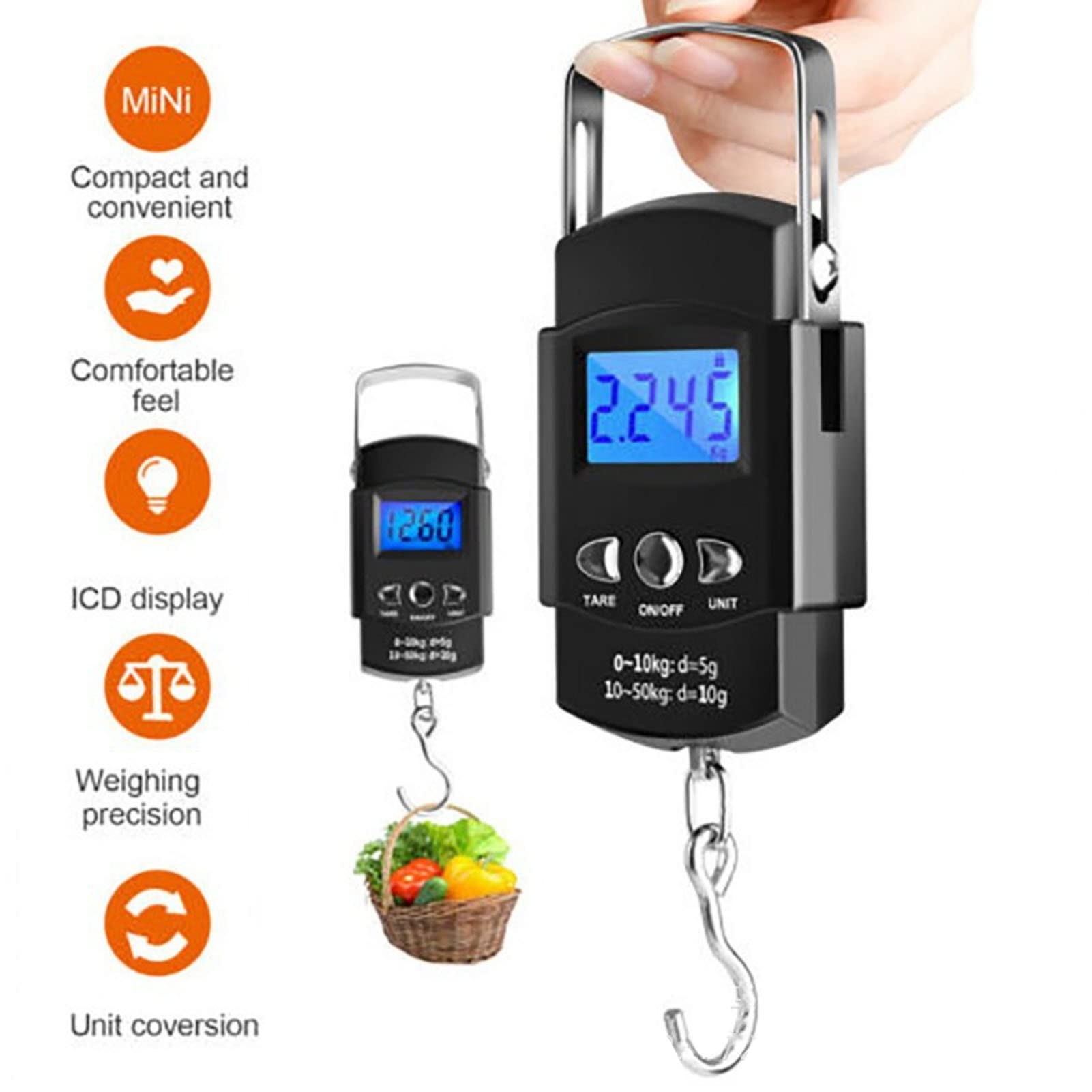 Electronic Hook Scale LCD Fishing Scale Electronic Hanging Hook Scale Digital Hanging Fishing 50kg with 1meter Concealed Tape Measure
