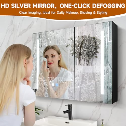 Fitsai Bathroom Medicine Cabinet with Light,LED 2-Door Bathroom Mirror Cabinet,31.5 x 23.6 Inch,with Defogger,Dimmer,Surface Mount,Black