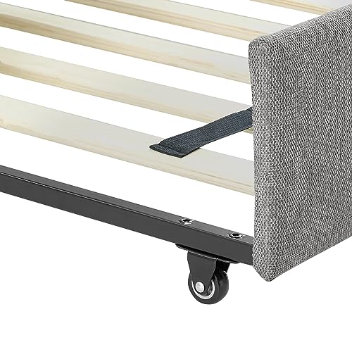 Flieks Twin Size Upholstered Daybed with Two Drawers, Linen Fabric Upholstered Sofa Bed, Wheeled Storage Daybed with Wood Frame, No Box Spring Needed, Gray