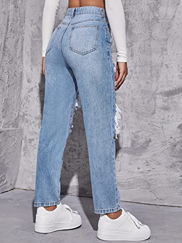 MakeMeChic Women's High Waist Straight Leg Ripped Jeans Distressed Denim Pants Light Wash2 M