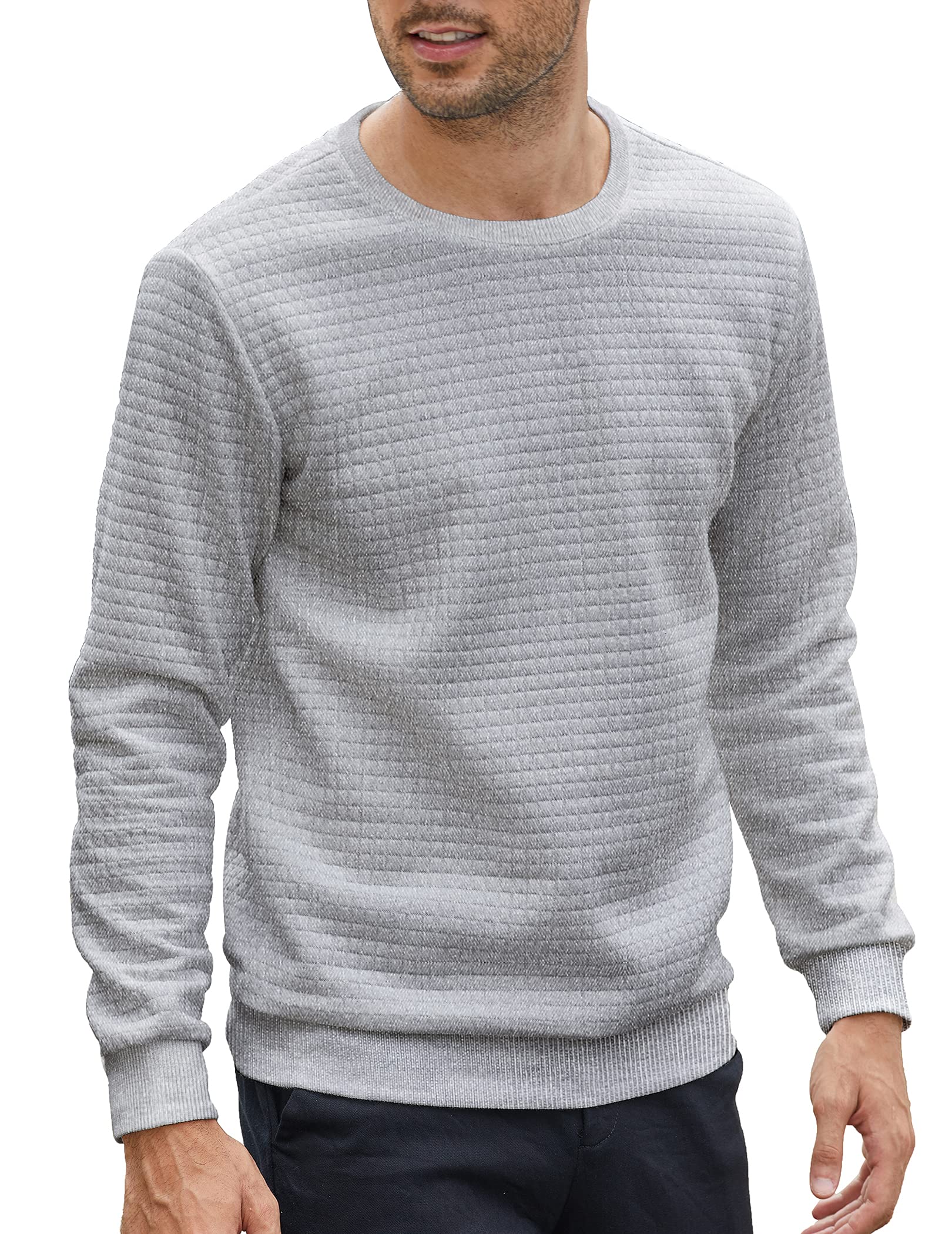 COOFANDY Men's Crewneck Sweatshirt Hipster Workout Long Sleeve Plaid Jacquard Pullover Sweatershirts Midweight Army Green