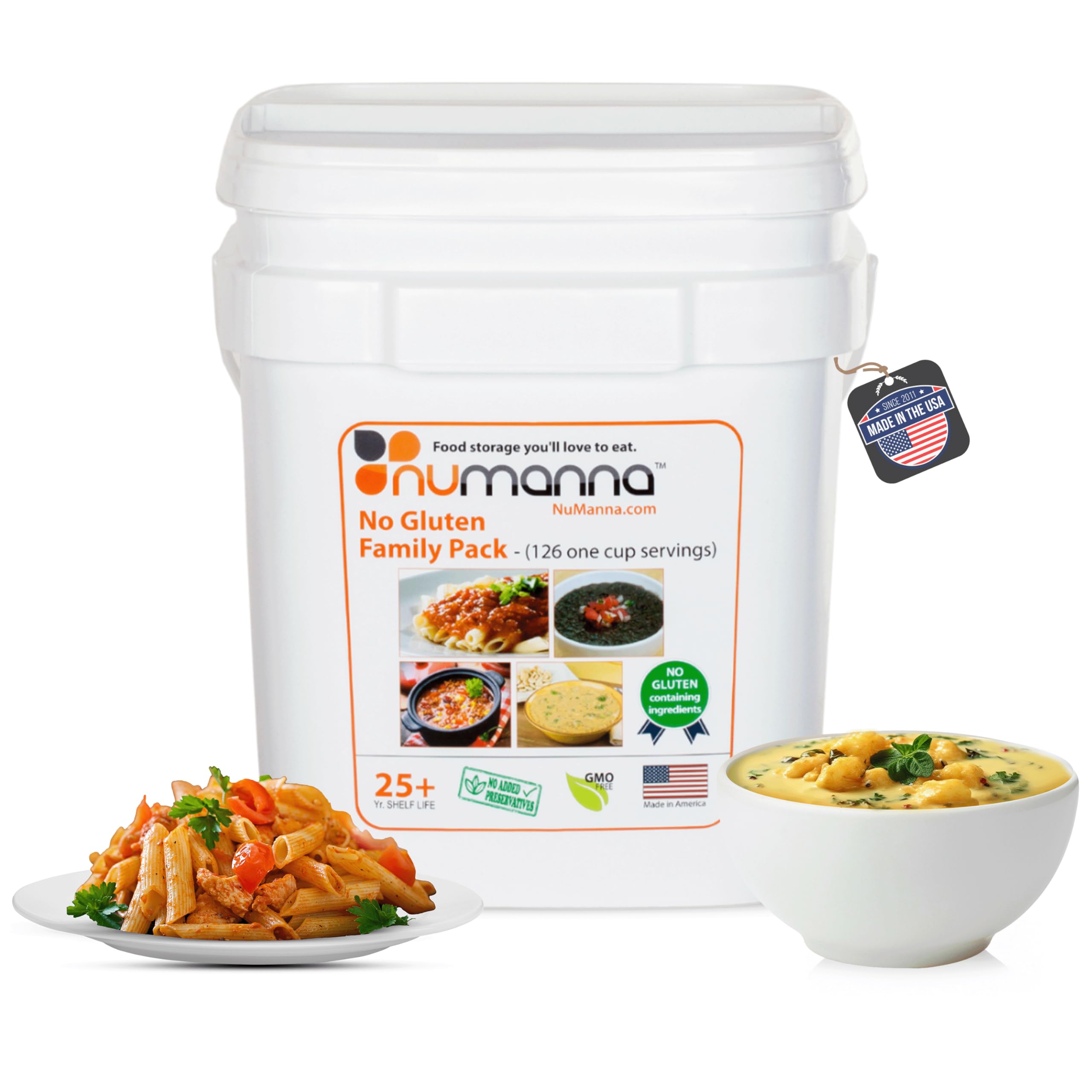 Numanna No-Gluten Family Pack Bucket 126 Servings Breakfast, Lunch, Dinner Meals Non-Gmo, No Msg, No Added Preservatives Easy to Prepare Emergency Survival Food Made in USA 25 Year Shelf Life