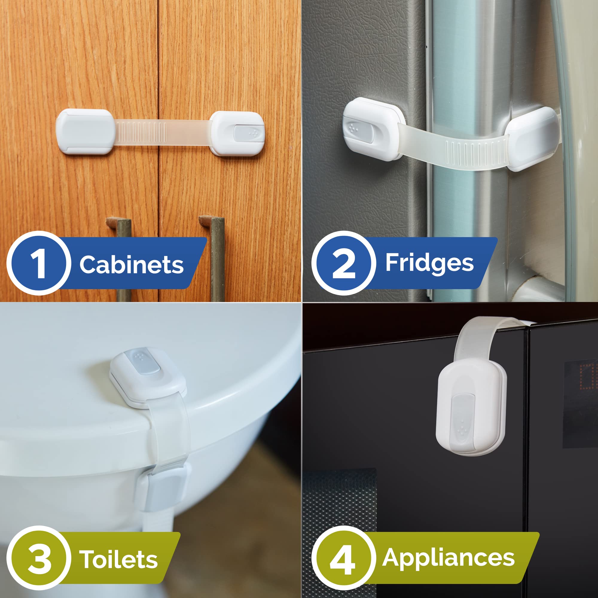Child Safety Strap Locks (4-Pack) Baby Locks for Cabinets and Drawers, Toilet, Fridge & More. 3M Adhesive Pads. Easy Installation. (White)