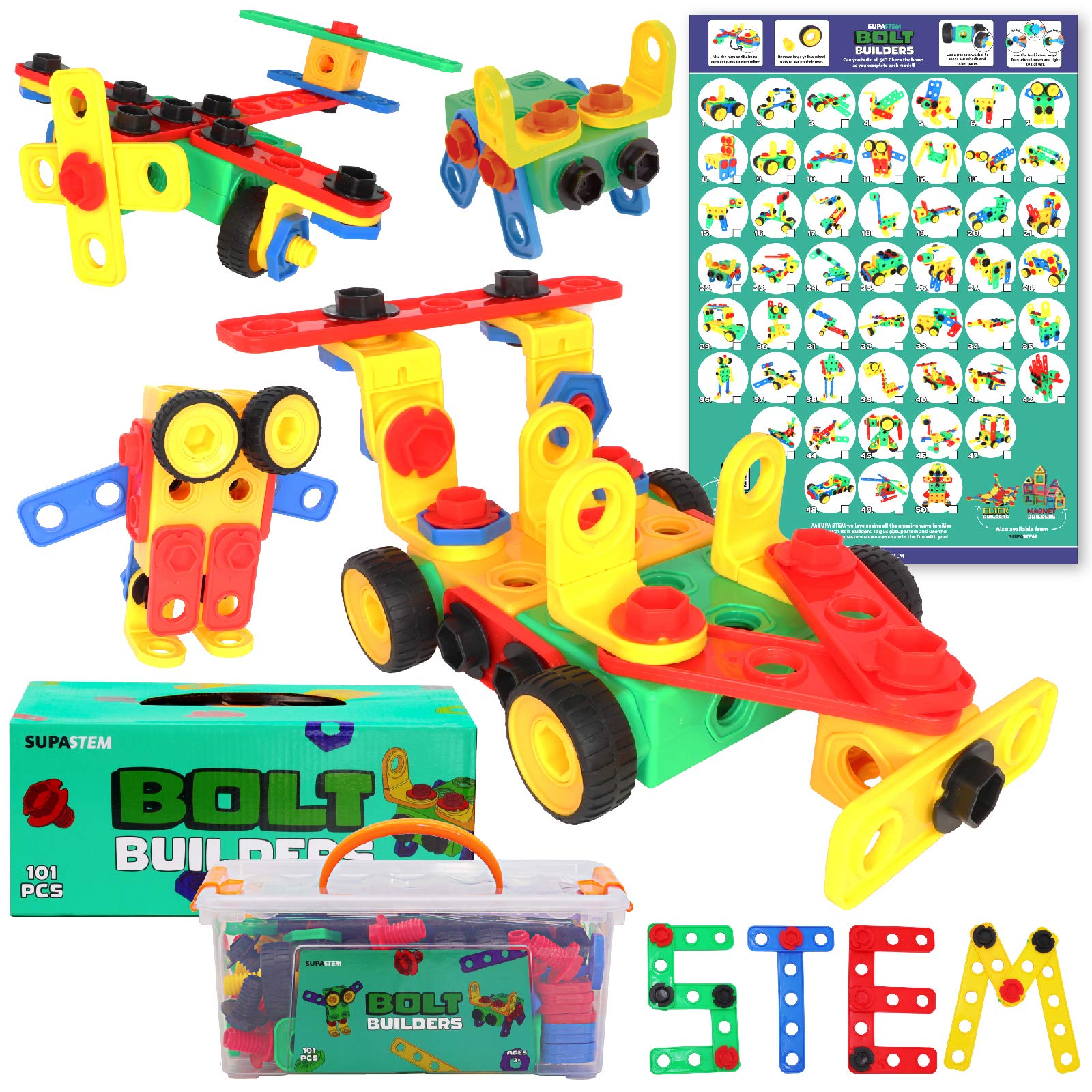SUPA STEM Bolt Builders Kids Building Blocks | 101 Pcs Kids Building Toys | Nuts and Bolts Construction Toy Building Sets | Educational Toys for 3 Year Old Boys and Girls and Up | Ages 3 4 5 6 7 8 +