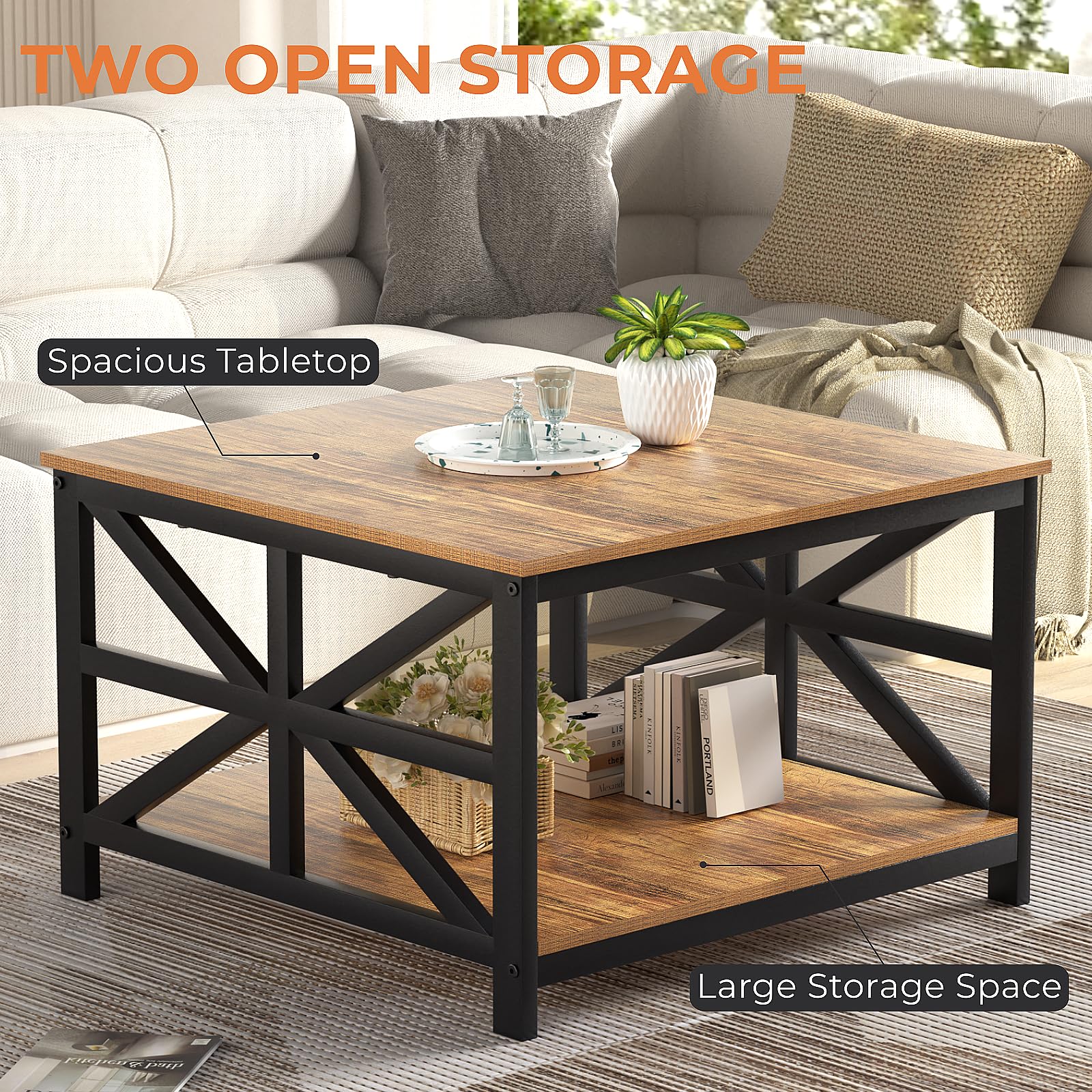 GreenForest Coffee Table with Storage, 27.6 inch Square Coffee Table, Seamless One-Piece Tabletop Design, Small Coffee Tables for Living Room, Farmhouse Sofa Table, Rustic Center Table, Walnut