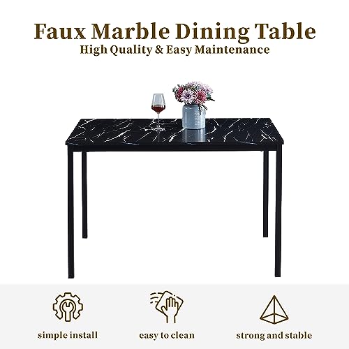 PEITAIKO 47.2" Rectangular MDF Dining Table/Mid Century Modern Metal Legs Kitchen Table (Imitation Marble) (MDF Board+Metal, Black Marble Effect)