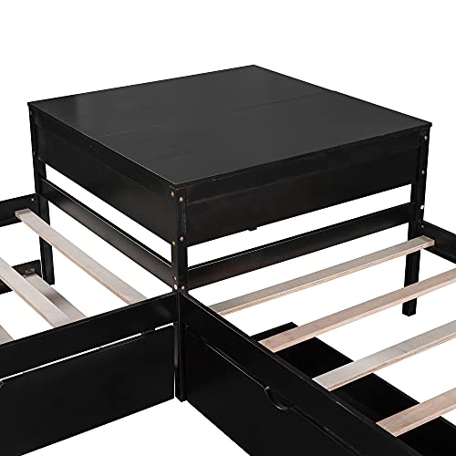 L Shaped Platform Bed with Trundle and Drawers Linked with Built-in Desk, Wooden Twin Bed Frame for 3 Kids Teens Adults, Espresso