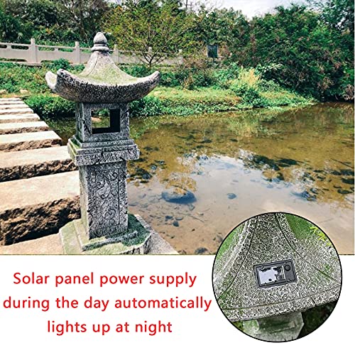 L-JTLYM Solar Lights Outdoor Garden Decor, LED Solar Powered Lighthouse, No Need to Connect, Pagoda Lantern Garden Statue, Hand-Carved, for Tabletop,Ground,Patio,Courtyard Decoration, Grey Finish