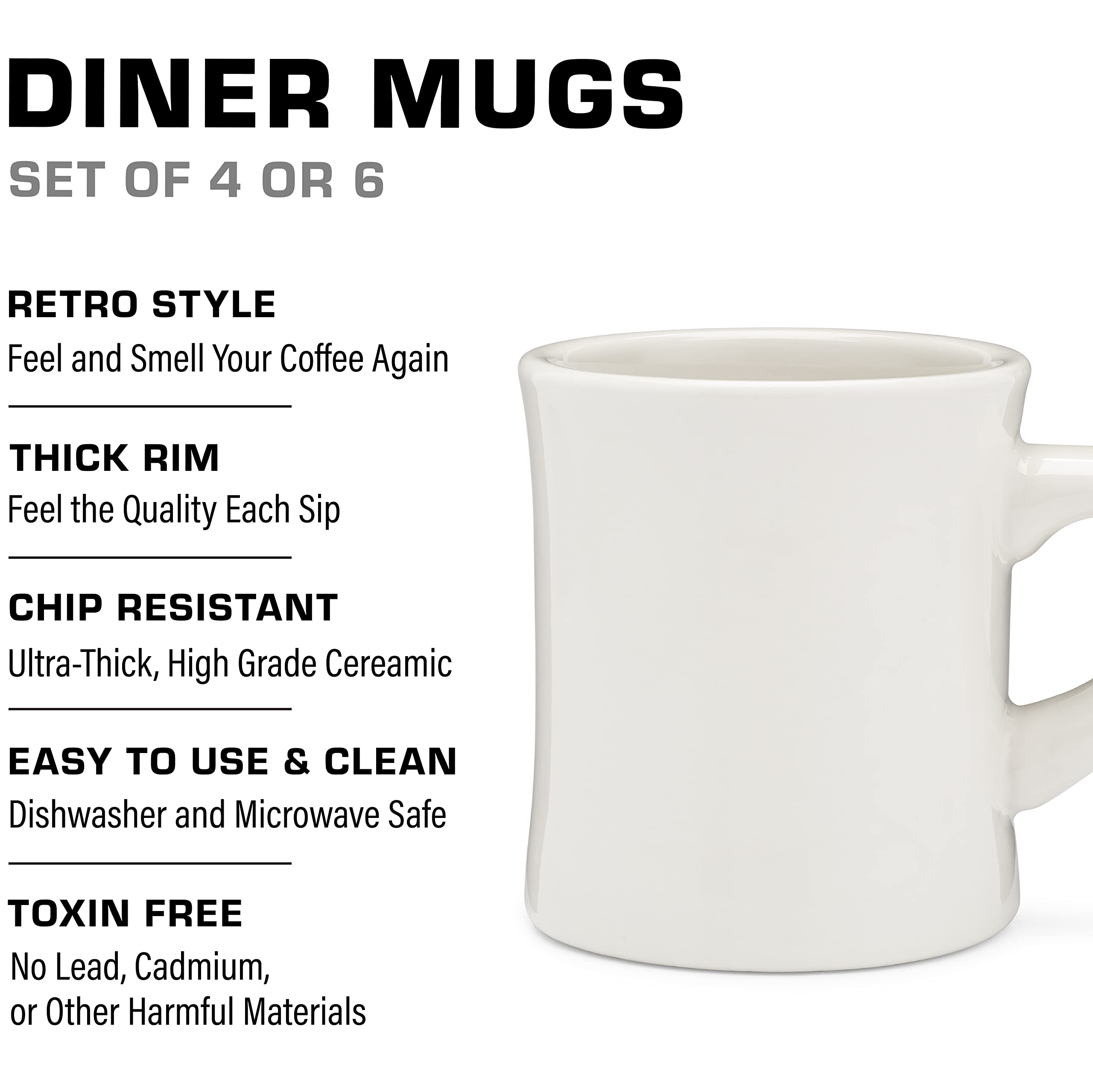 COLETTI Off White Coffee Mugs Set Of 6 β Diner Coffee Mug 11 oz β Mug Set, Stoneware Coffee Mugs, Coffee Cups Ceramic β Diner Coffee Mugs Heavy Retro Style β Dishwasher & Microwave Safe