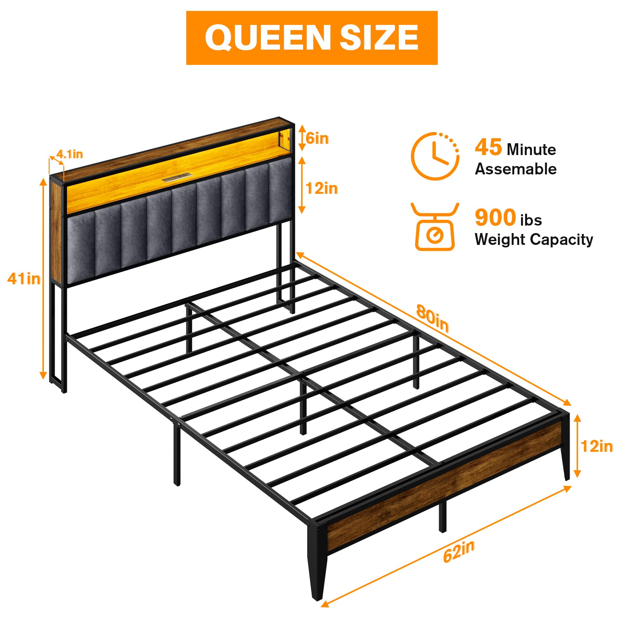 HLHFZP Queen Bed Frame, Queen Bed Frame with LED Light Headboard and 1 Type C & 2 USB Charging Station, Heavy Duty Metal Bed Frame No Box Spring Needed - Easy Assembly and Noise Free (English)