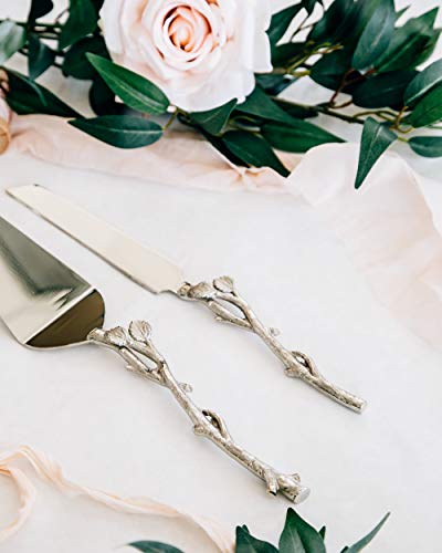 Elegant Rustic Cake Server and Knife Set with Beautiful Leaf Design, Ideal Cake Cutting Set For Wedding Party's and Elegant Events, 2 Piece Silver Twig Pie Server Set…