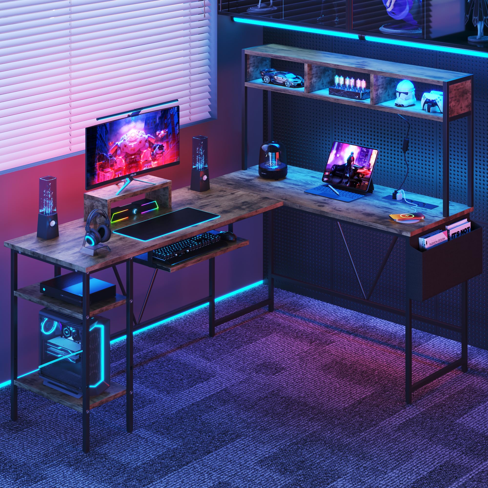 Furmax L Shaped Gaming Desk with LED Lights&Power Outlet, Reversible Corner Computer PC Desk Table with Storage Shelves, Keyboard Tray, Monitor Stand Home Office Gaming Working Studying (Rustic Brown)