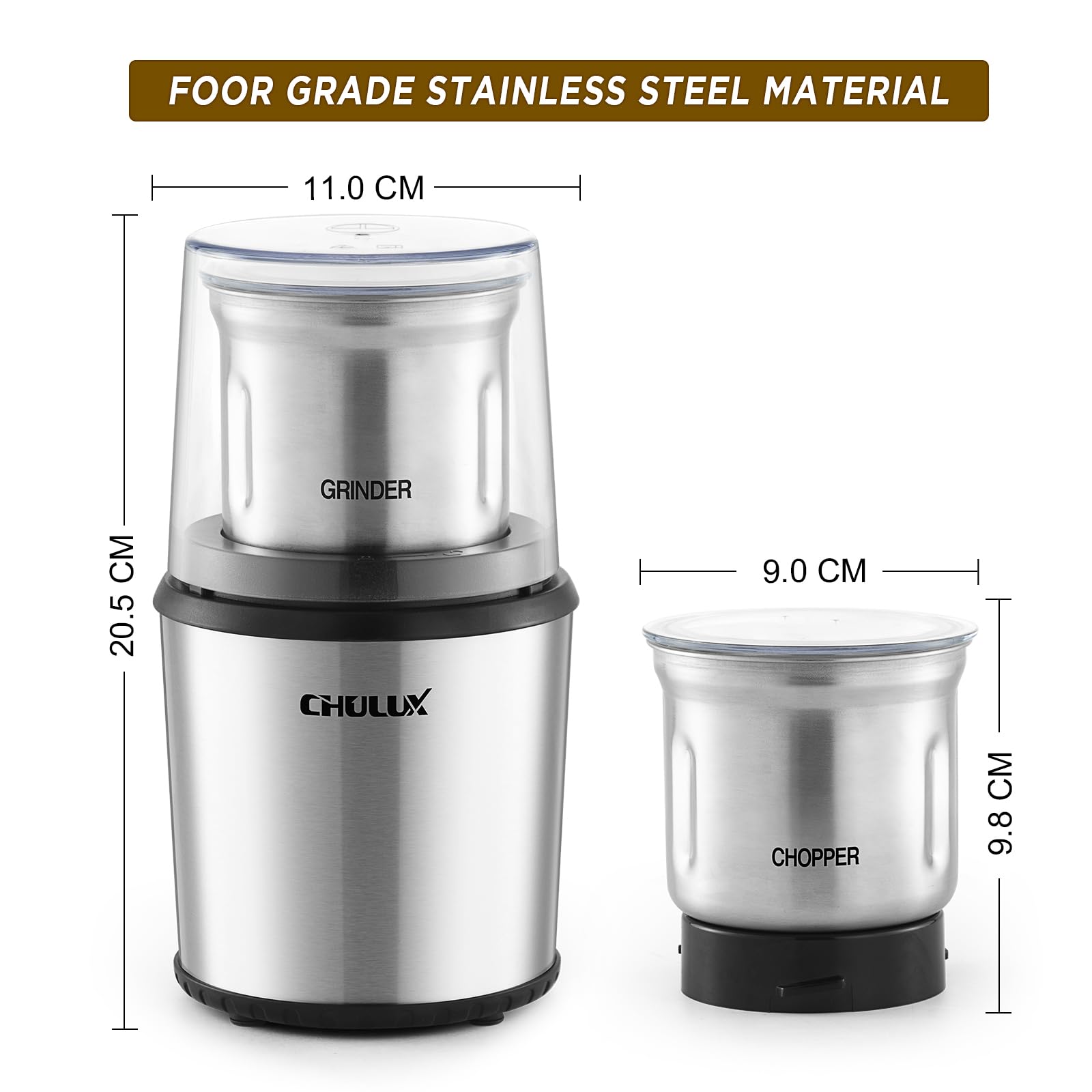CHULUX Coffee Grinder Electric,Built-In Sharp Blade Spice Grinder with 2 Detachable Stainless Steel Bowls for Coffee, Spices, Herbs, Nuts, Grains,Lid Actived Safety Switch