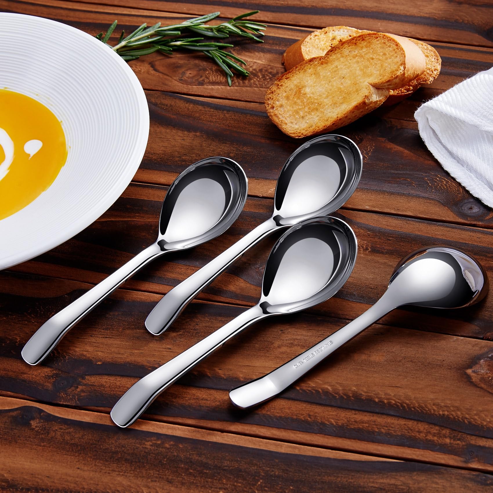 KEAWELL Premium 7.3 Inches Soup Spoons with Hook Handle, Set of 4, 18/10 Stainless Steel, Deep Bowl, Perfect for Ramen, Pho, Miso, Dumplings, Noodles, Wonton, Dishwasher Safe (Curved-Handle)